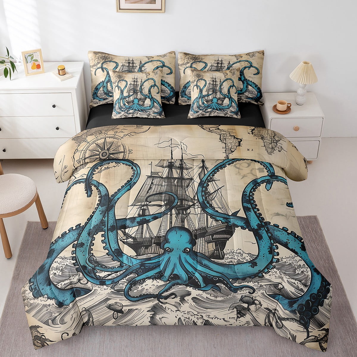Erosebridal Cartoon Octopus Bedding Twin Size, Vintage Sailboat Bedding ...