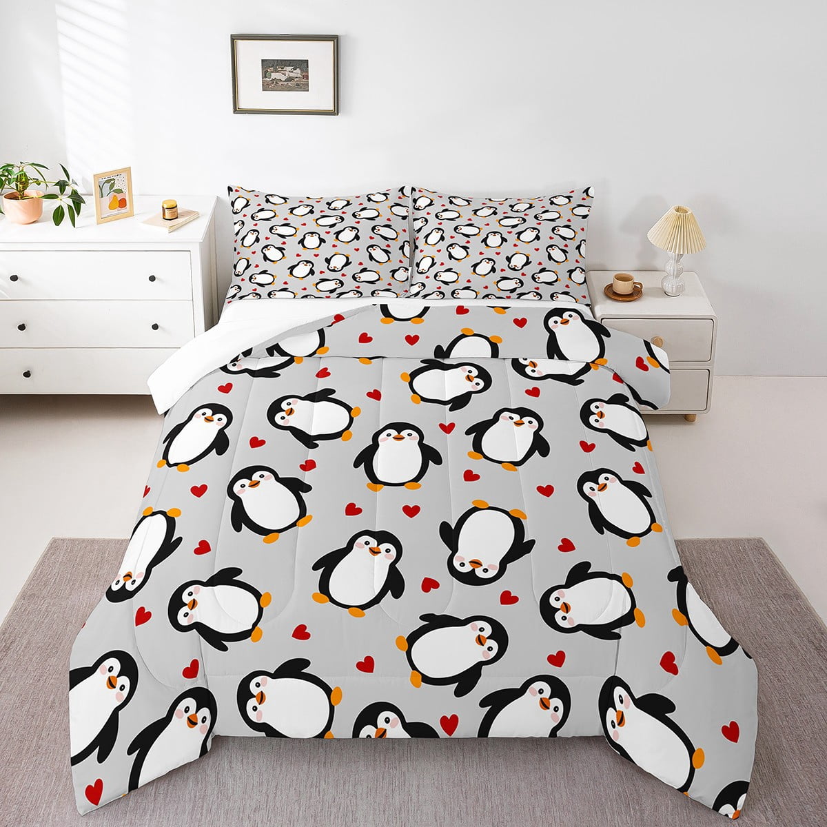 Erosebridal Cartoon Penguin Bedding King Comforter Set,Love Heart ...