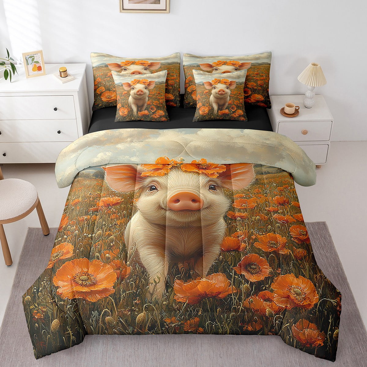 Erosebridal Cartoon Pig Bedding Sets King Size,Botanical Flower Bed in ...