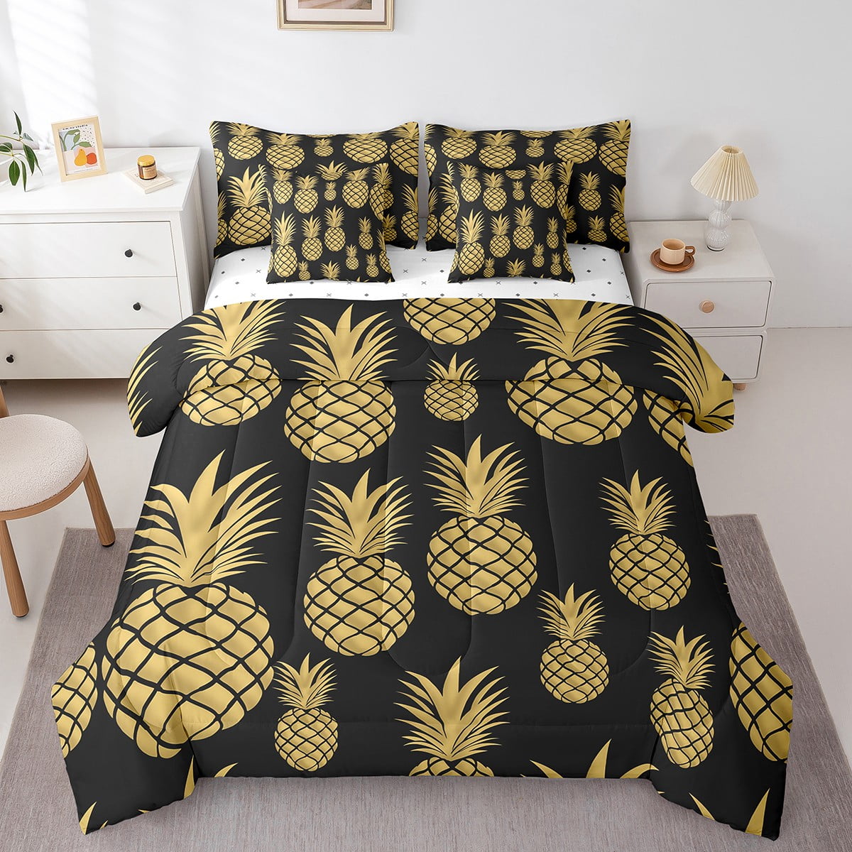 Erosebridal Cartoon Pineapple Bed in a Bag Queen size, Black Gold Bed ...