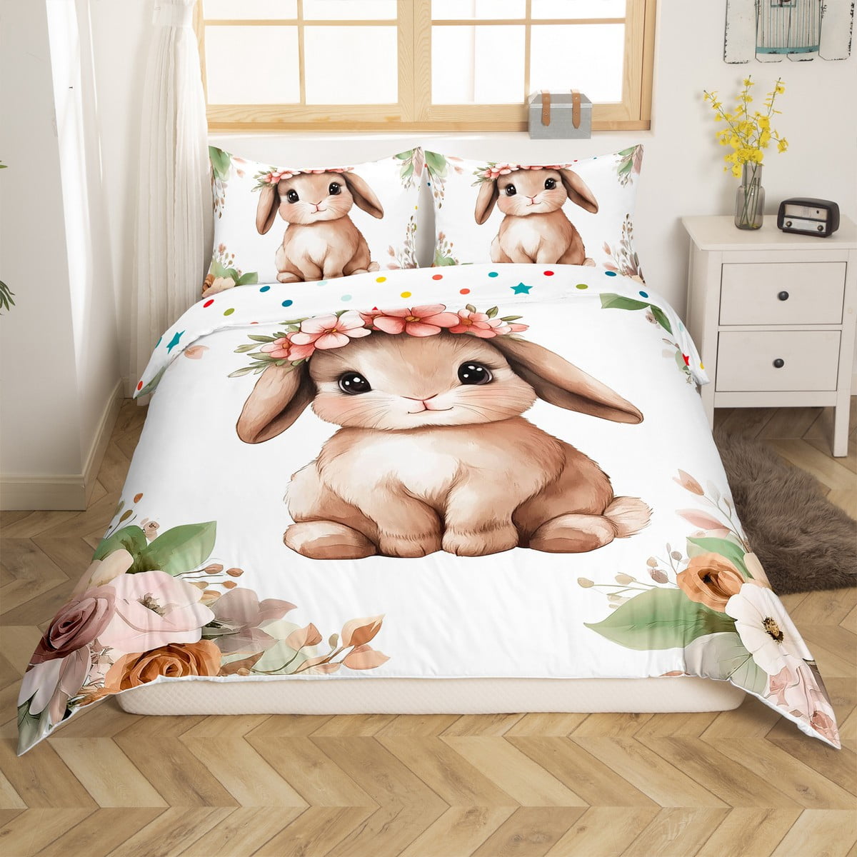 Erosebridal Cartoon Rabbit Comforter Cover Queen, Tropical Flower ...