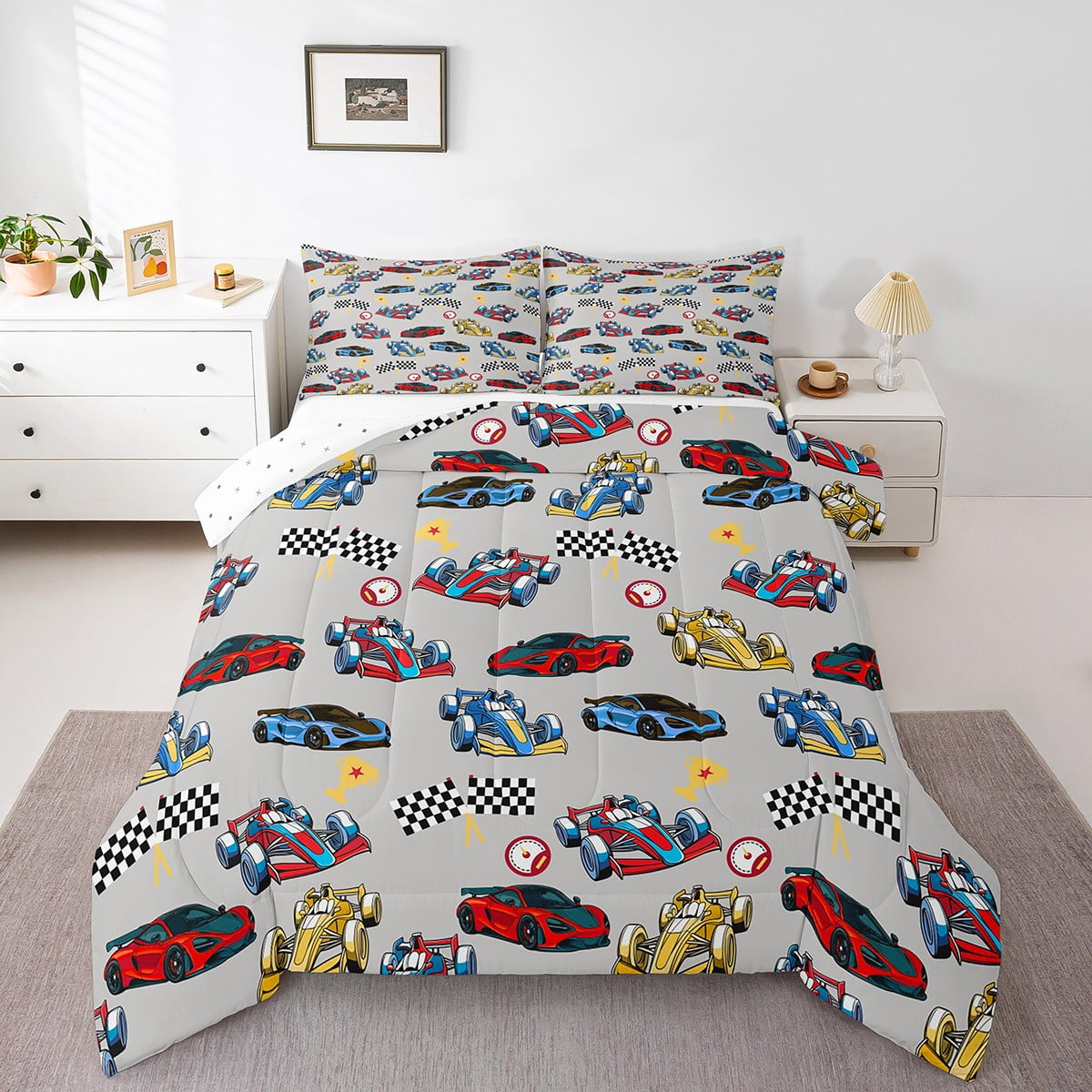 Erosebridal Cartoon Race Car Bedding Comforter Set, Checkered Flag ...