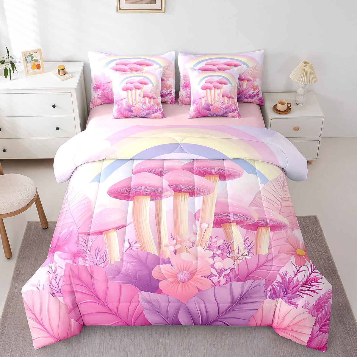 Erosebridal Cartoon Rainbow Bedding Sets Full Size, Mushroom Comforter ...