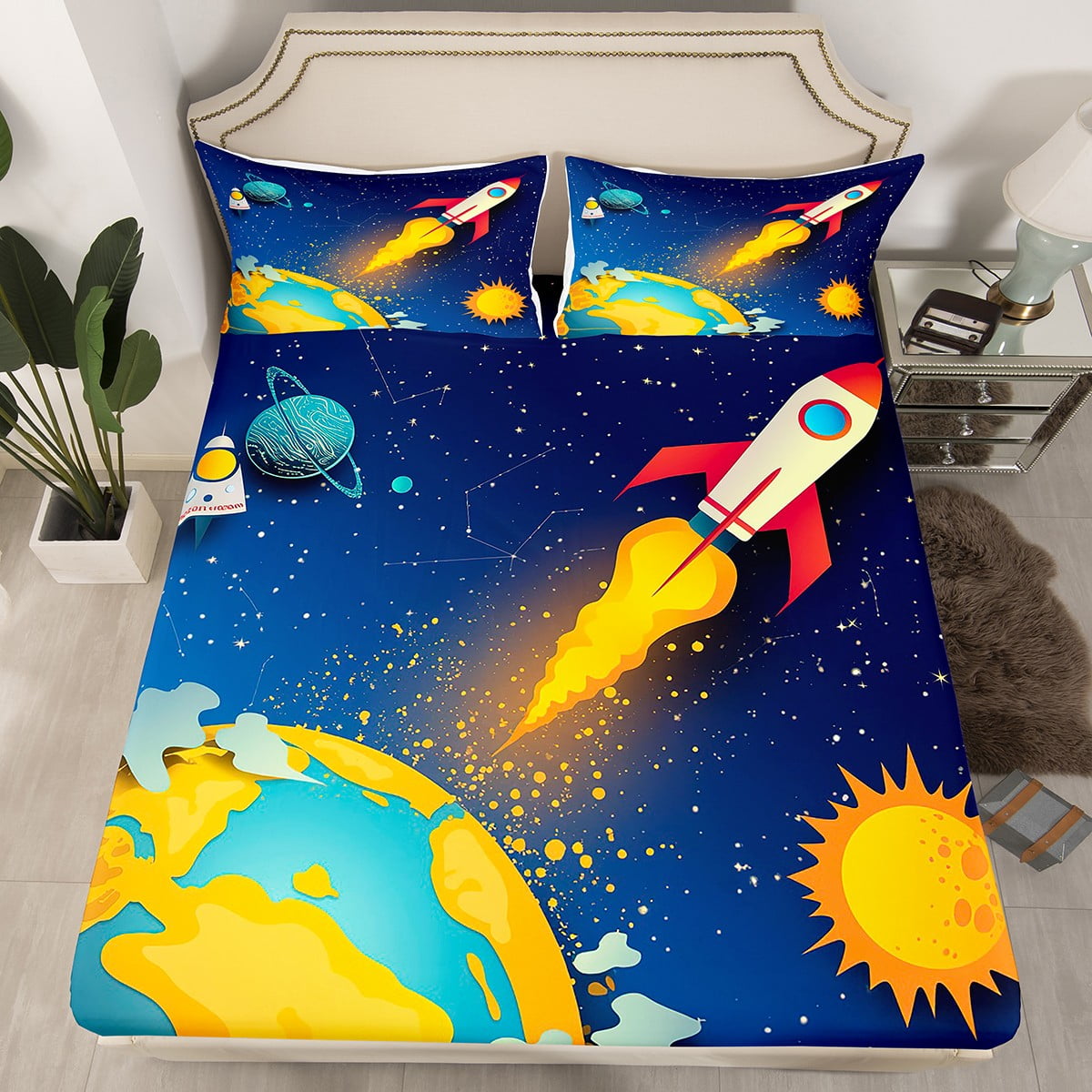 Erosebridal Cartoon Rocket Fitted Sheet Twin Size,Oil Painting Planet ...