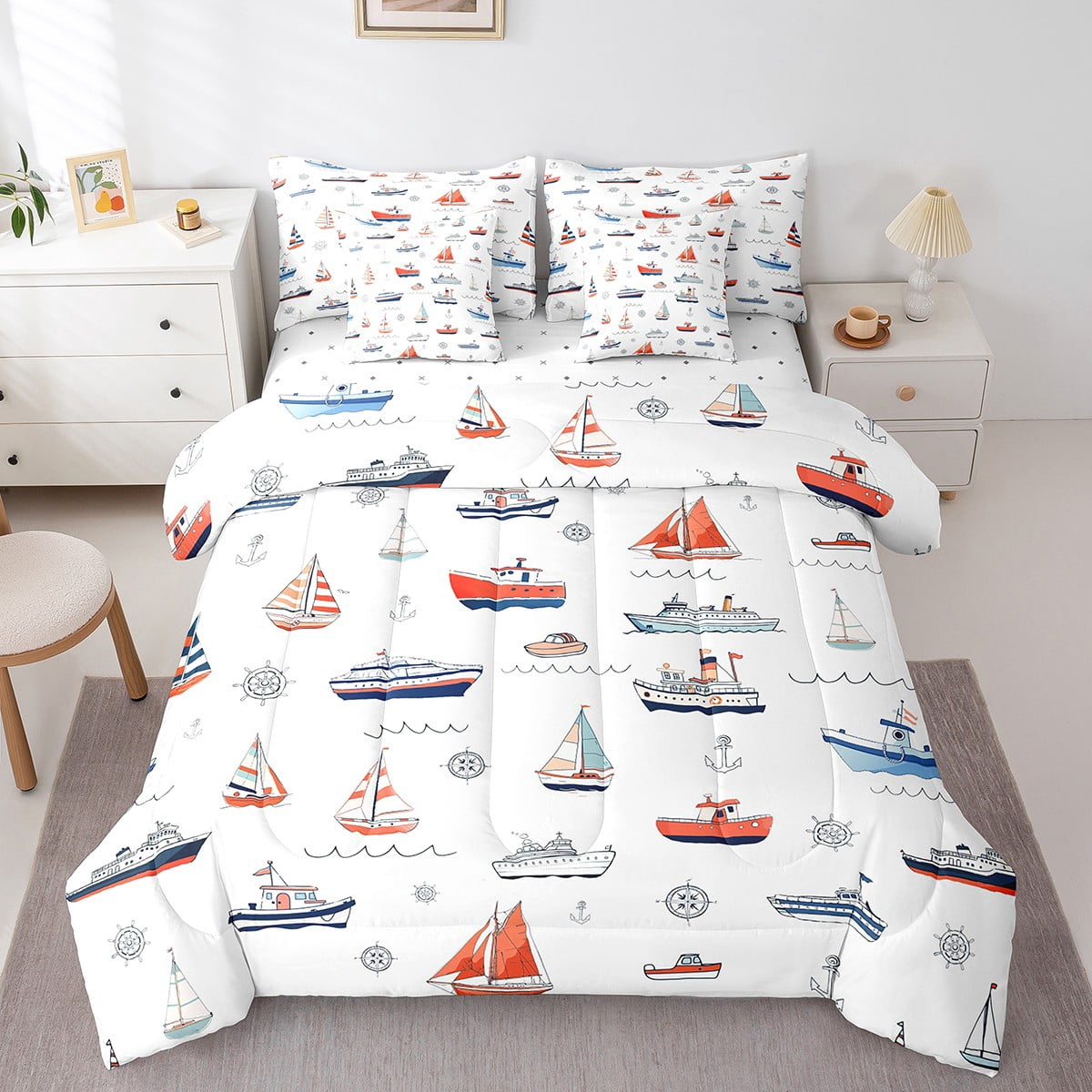 Erosebridal Cartoon Sailboat Bed in a Bag Twin size, Nautical Ocean ...
