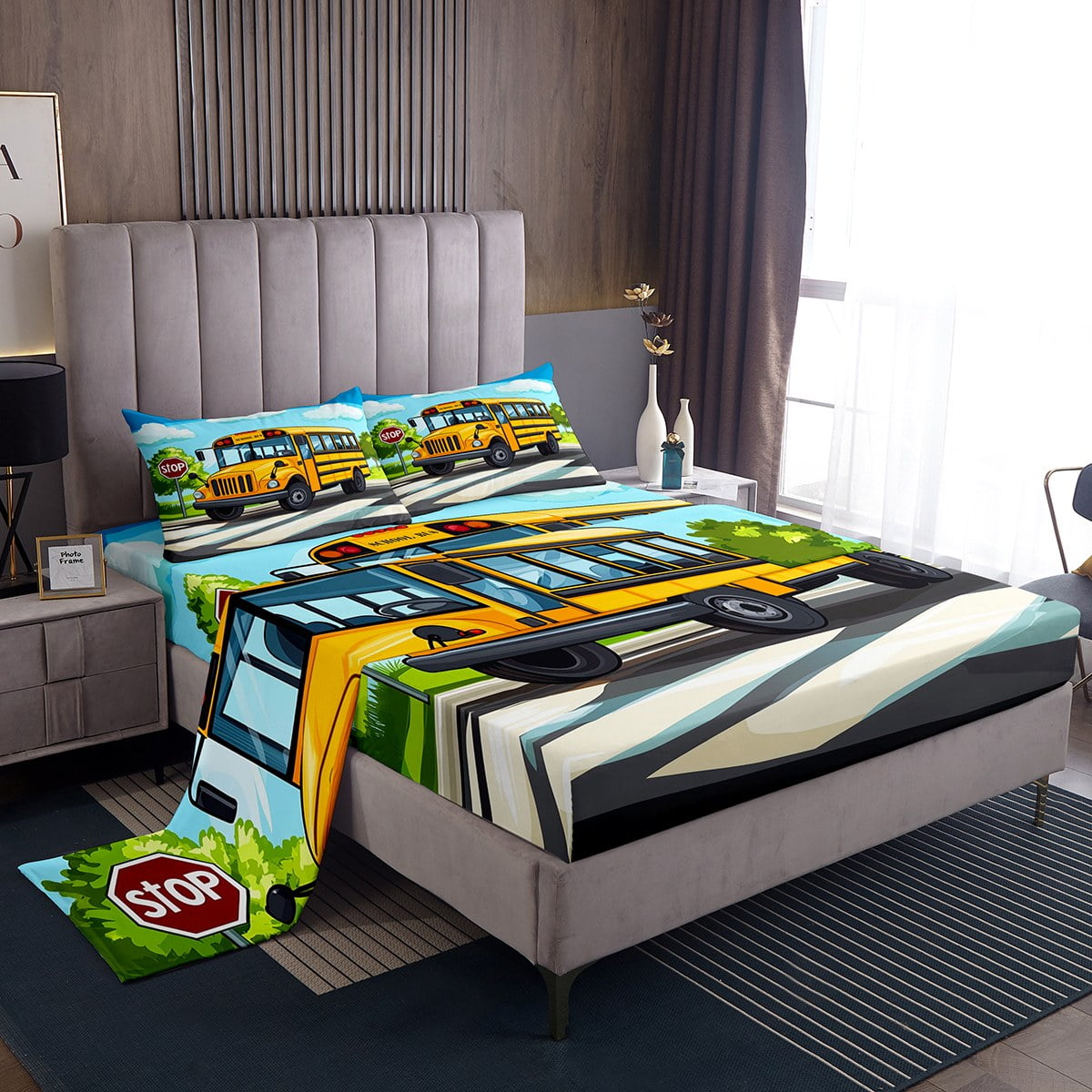 Erosebridal Cartoon School Bus Bed Sheets Set King Size, Transportation ...