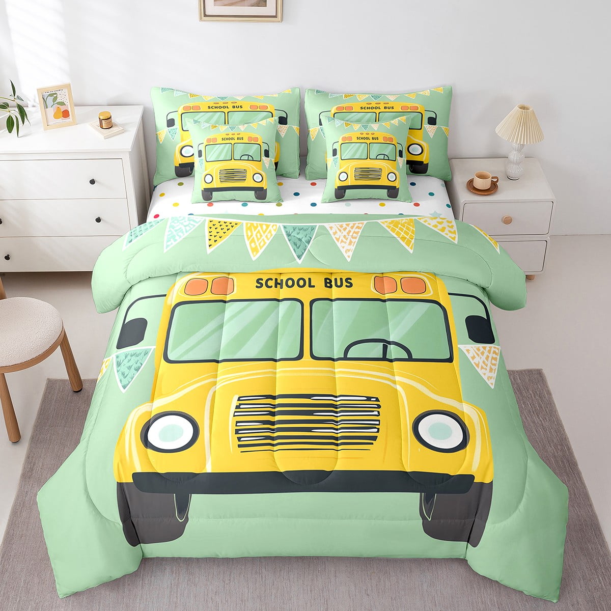 Erosebridal Cartoon School Bus Bedding Twin Size, Colorful Flags ...