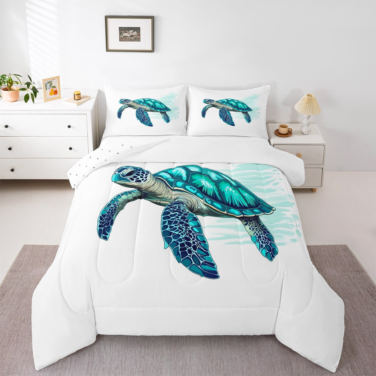 Erosebridal Cartoon Sea Turtle Bedding Queen Comforter Set, Teal Animal ...