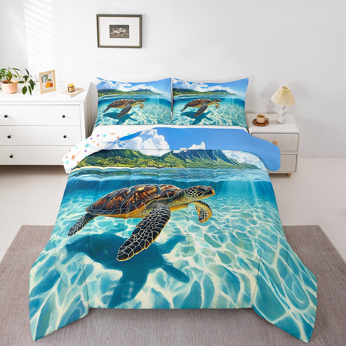 Erosebridal Cartoon Sea Turtle Bedding Sets King with Comforter, Marine ...