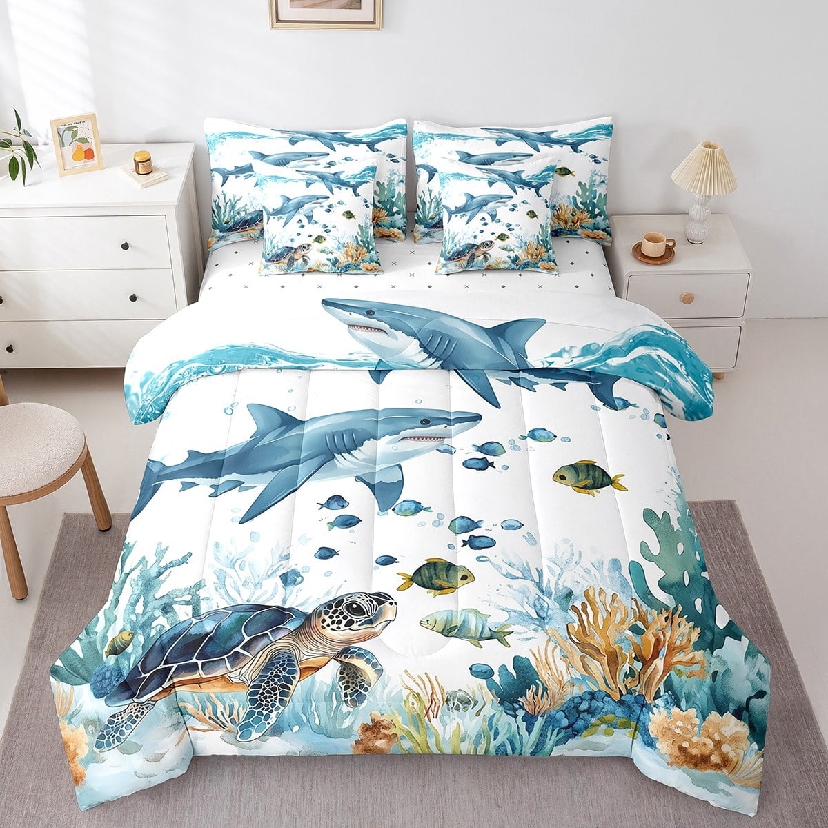 Erosebridal Cartoon Sea Turtle Bedding Sets Queen Size, Sea Shark ...
