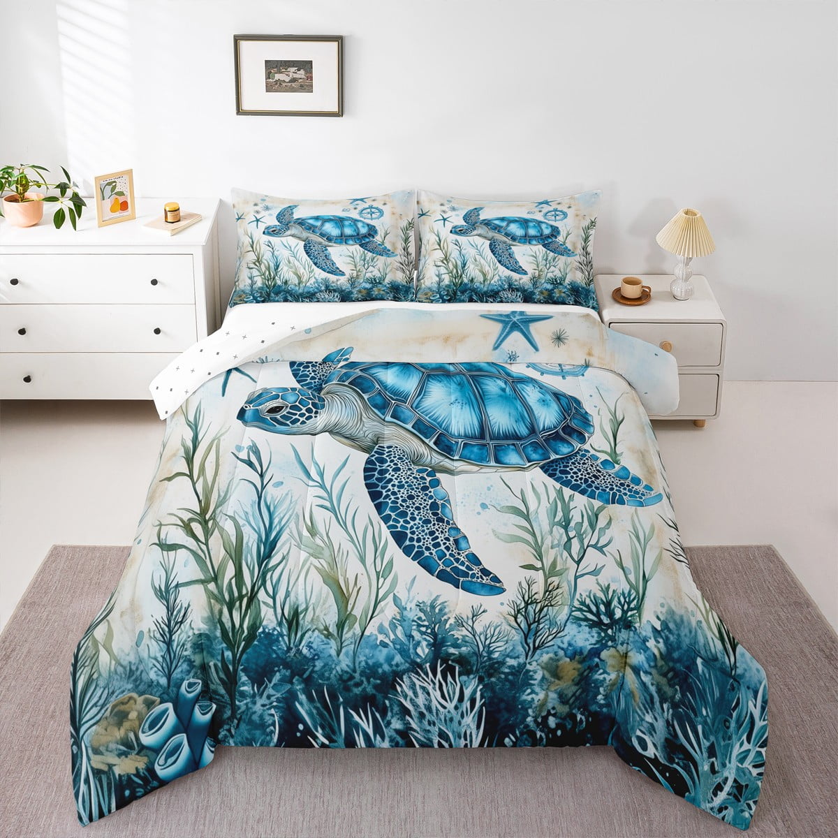 Erosebridal Cartoon Sea Turtle Bedding Twin Comforter Set, Teal Animal ...