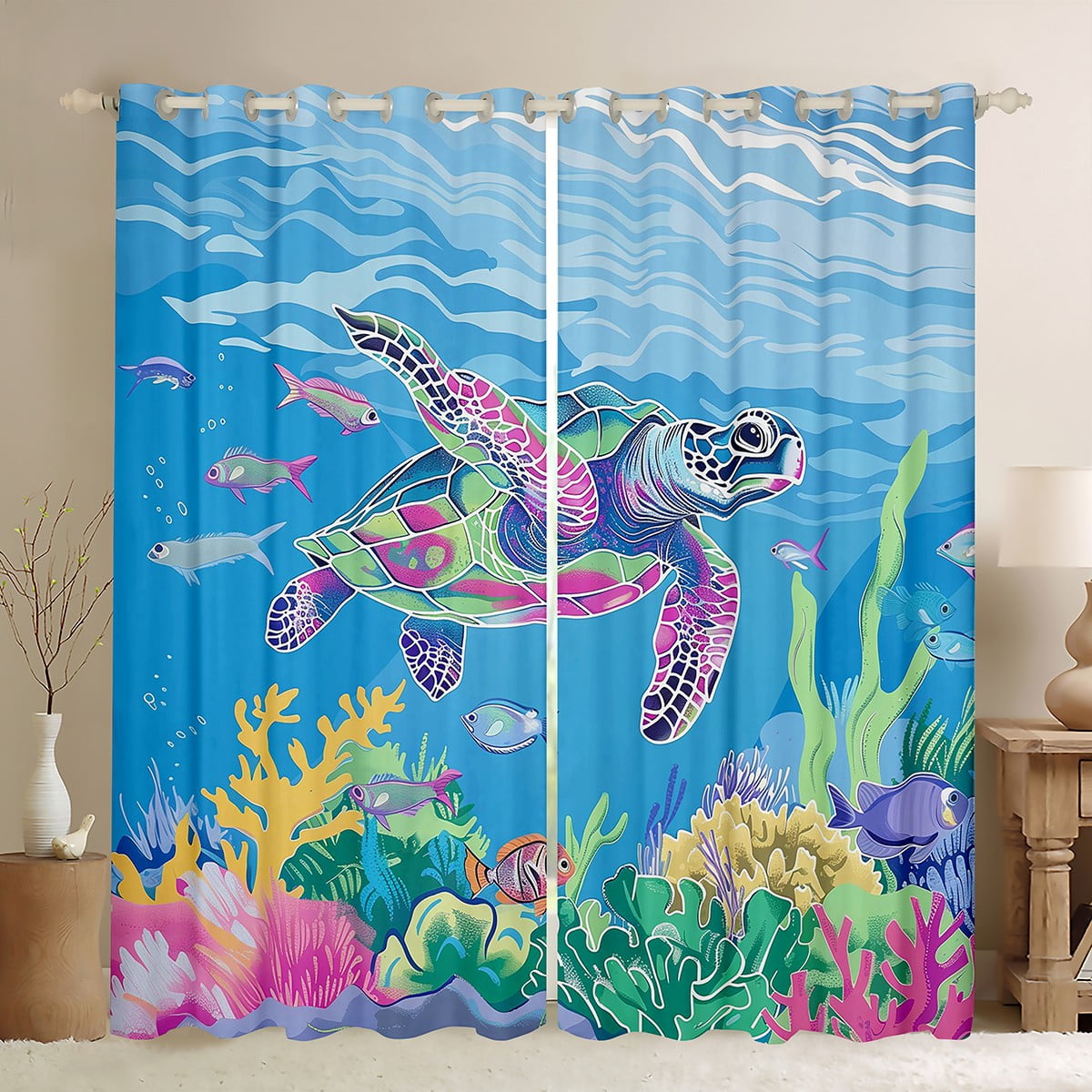 Erosebridal Cartoon Sea Turtle Curtains Pack of 2 (52x63),Underwater ...
