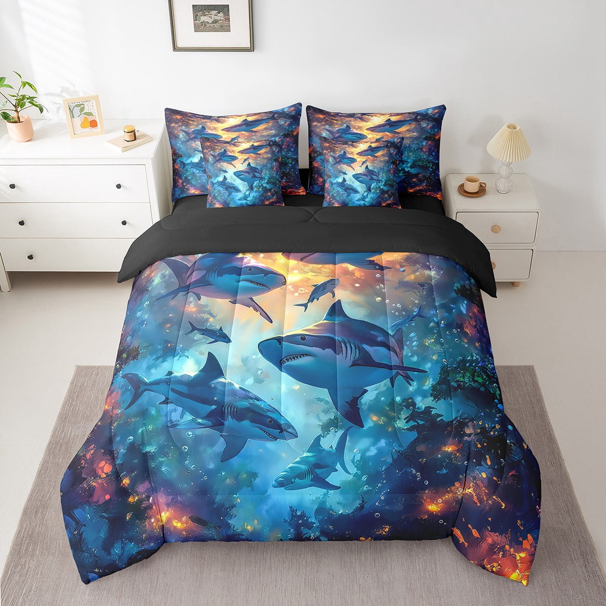 Erosebridal Cartoon Shark Bedding Full Size, Underwater World Bed in a ...