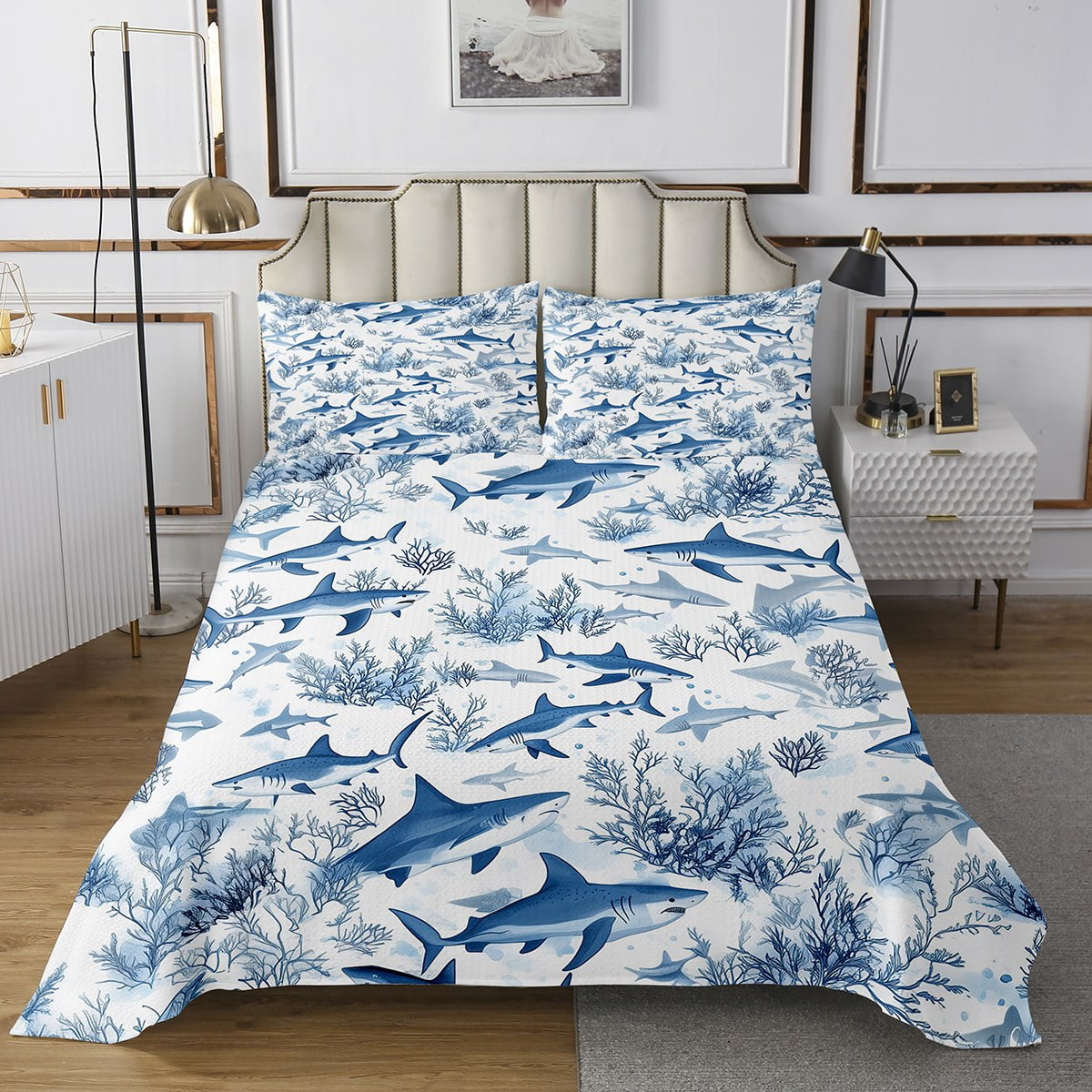 Erosebridal Cartoon Shark Bedspread King Size Ocean Sea Animal Coverlet ...