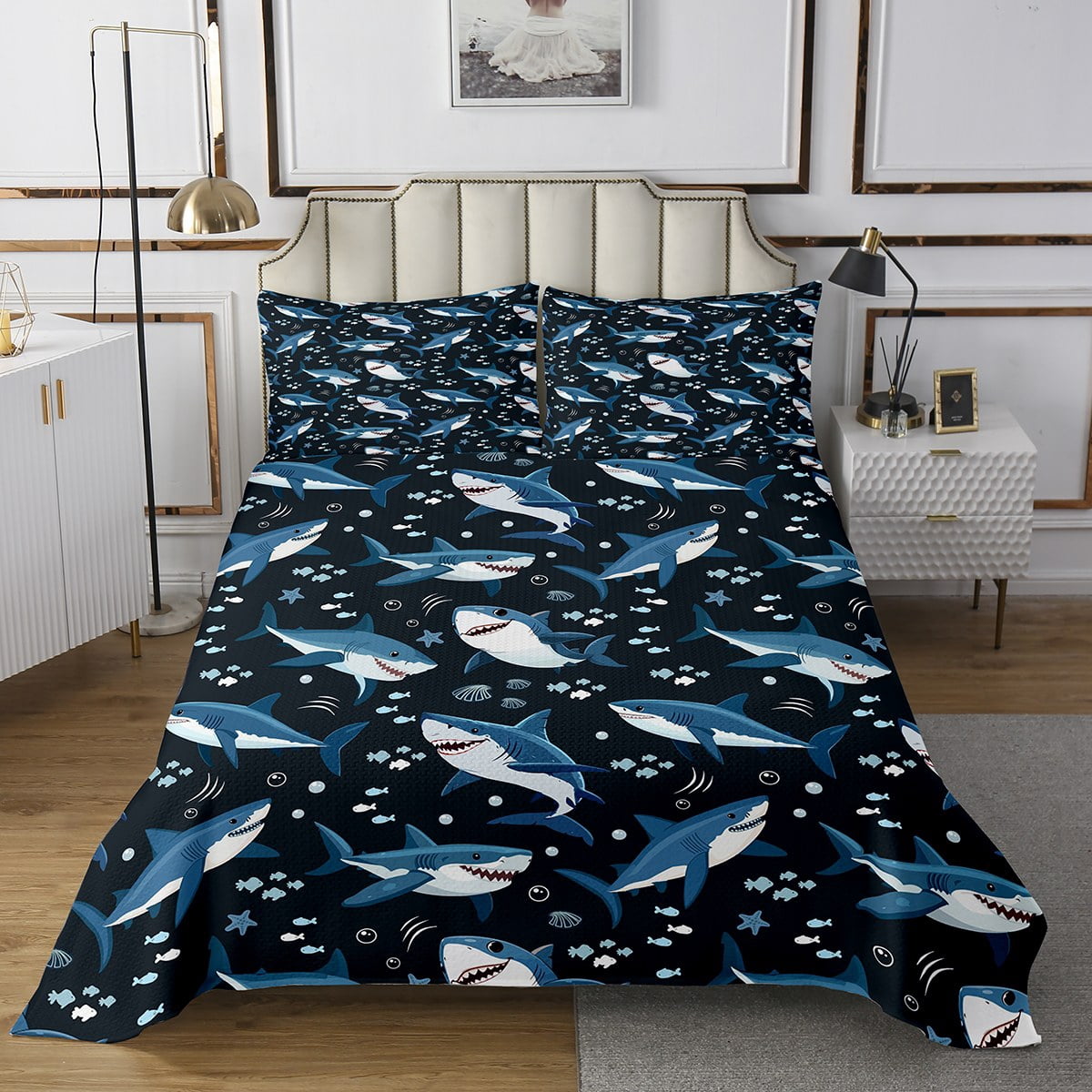 Erosebridal Cartoon Shark Bedspread Sets Queen Size, Kawaii Sealife Bed ...