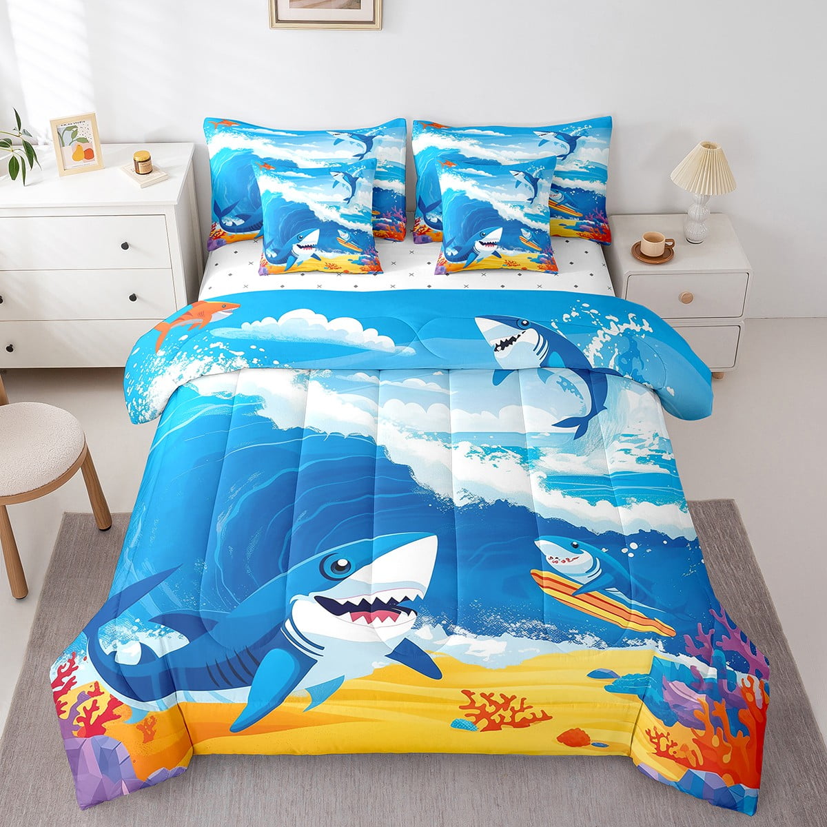 Erosebridal Cartoon Shark Comforter Set Full 7 Pieces Ocean Waves Ocean ...