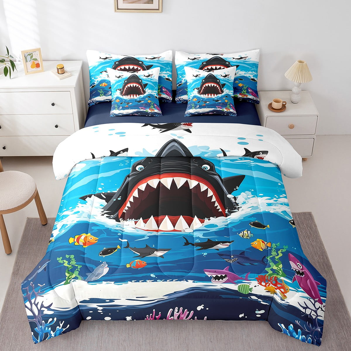 Erosebridal Cartoon Shark Comforter Set Full Size 7 Pieces Fish Ocean ...
