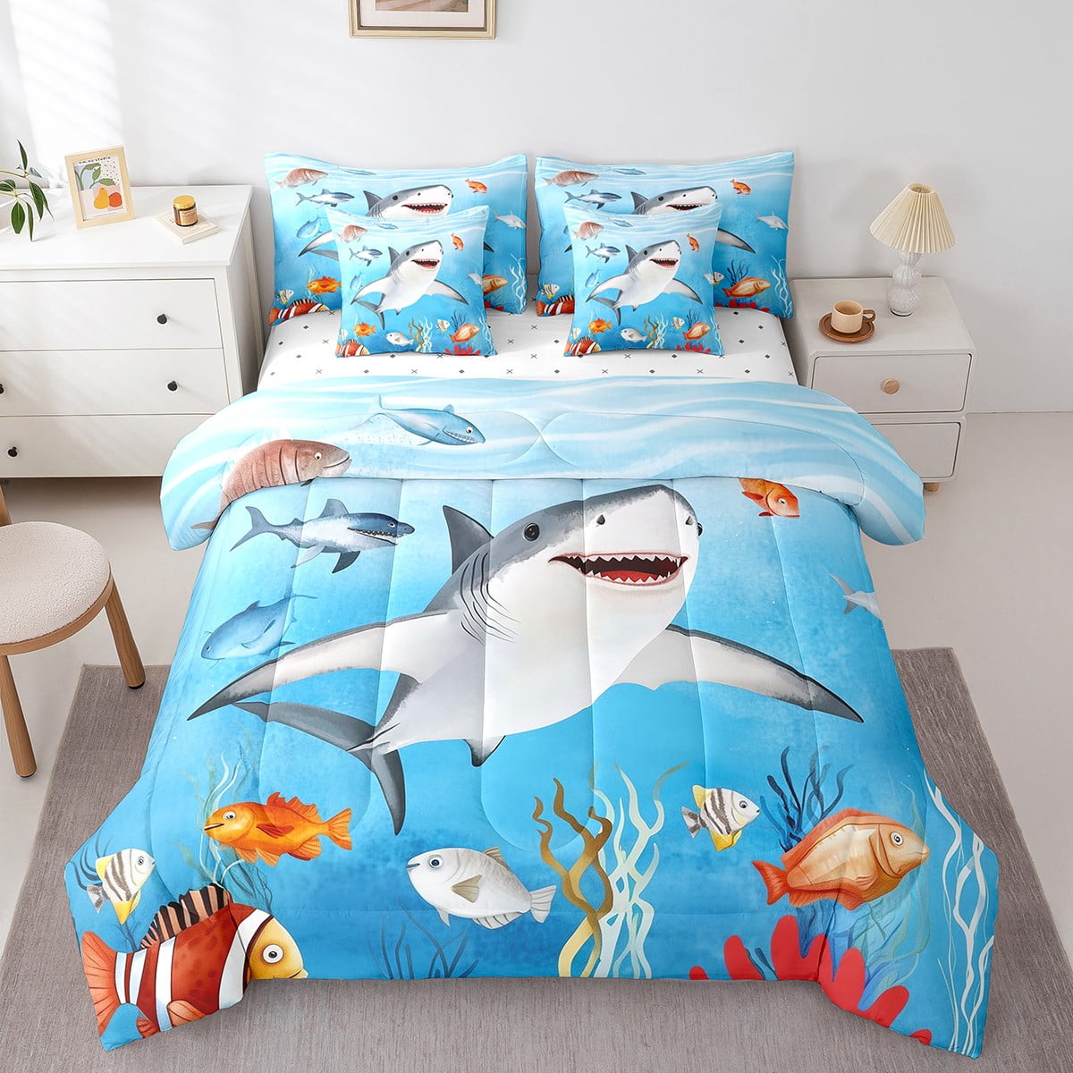 Erosebridal Cartoon Shark Comforter Set Full Size 7 Pieces Fish Sea ...