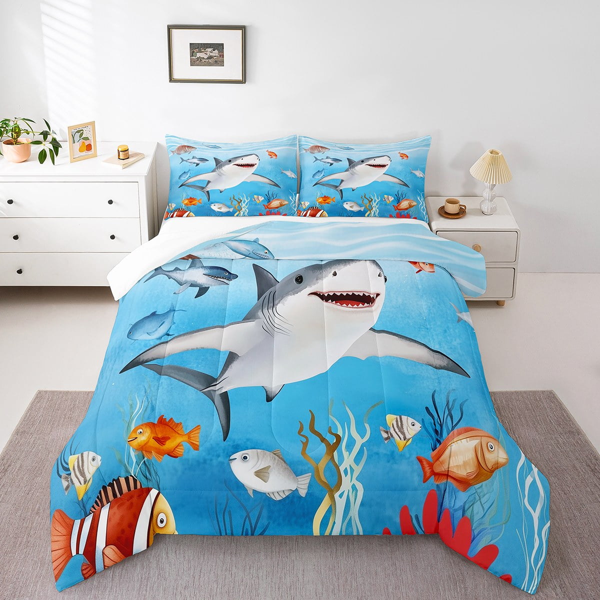 Erosebridal Cartoon Shark Comforter Set Full Size Fish Bedding Set Sea ...
