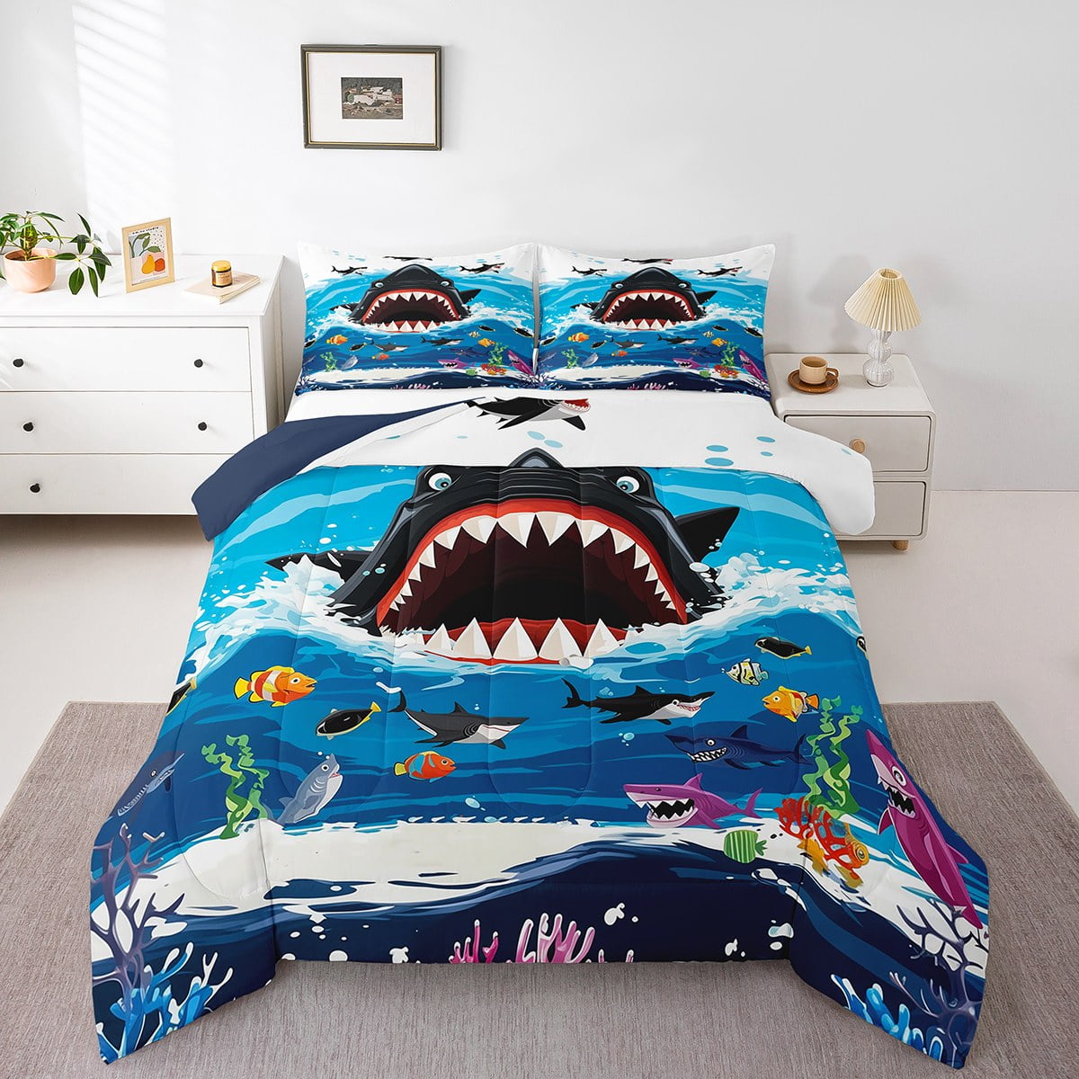Erosebridal Cartoon Shark Comforter Set King Size Fish Bedding Set ...