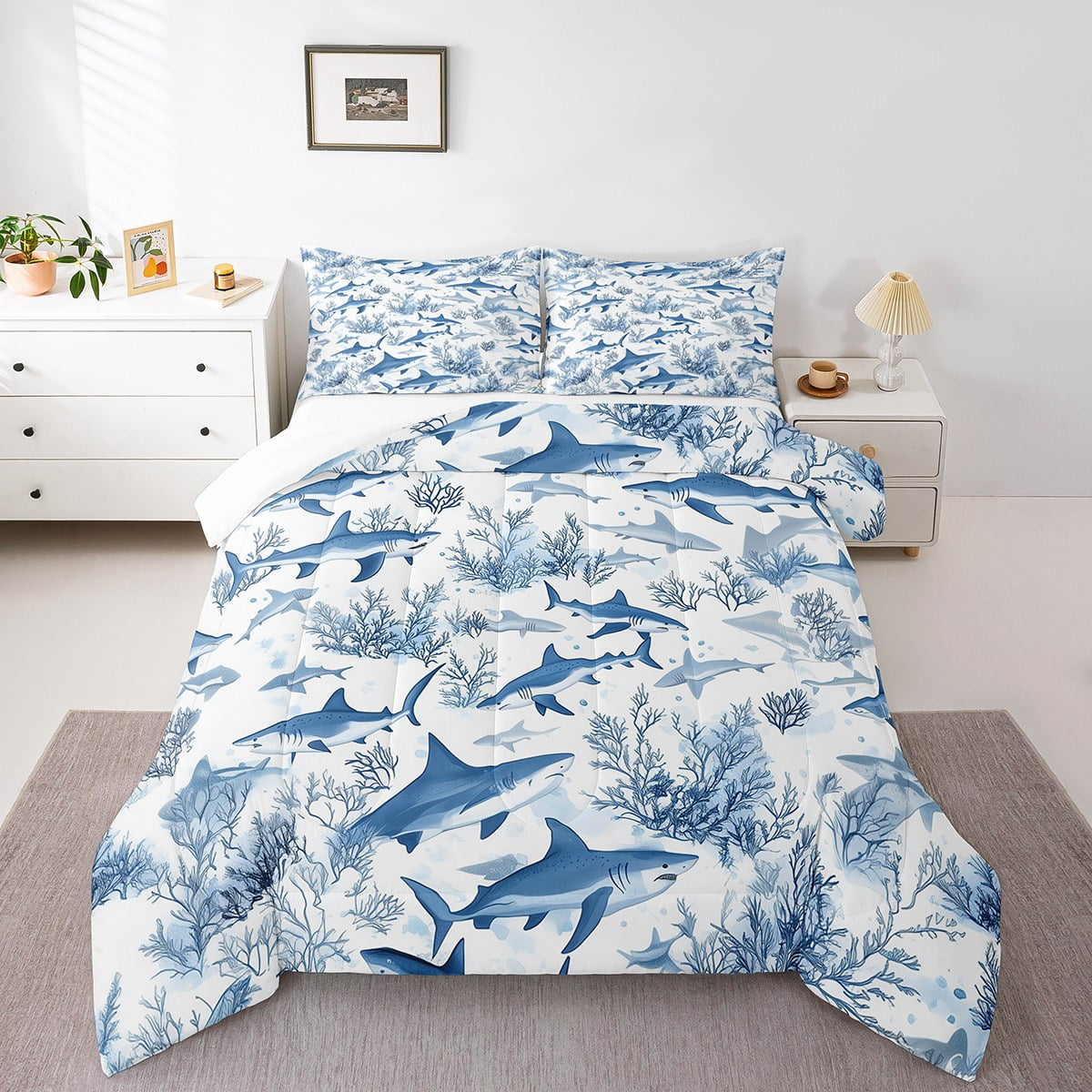 Erosebridal Cartoon Shark Comforter Set Queen Size Ocean Sea Animal ...
