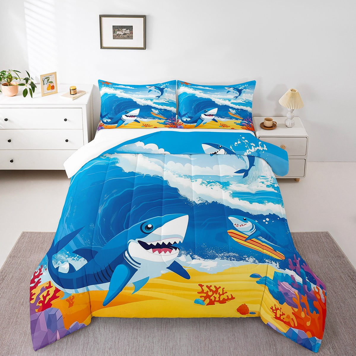 Erosebridal Cartoon Shark Comforter Set Queen Size Ocean Waves Bedding ...