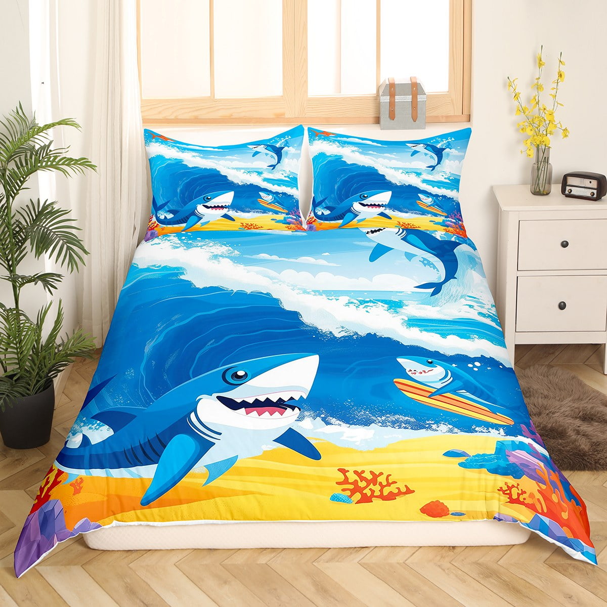 Erosebridal Cartoon Shark Duvet Cover King Size Ocean Waves Bedding Set ...