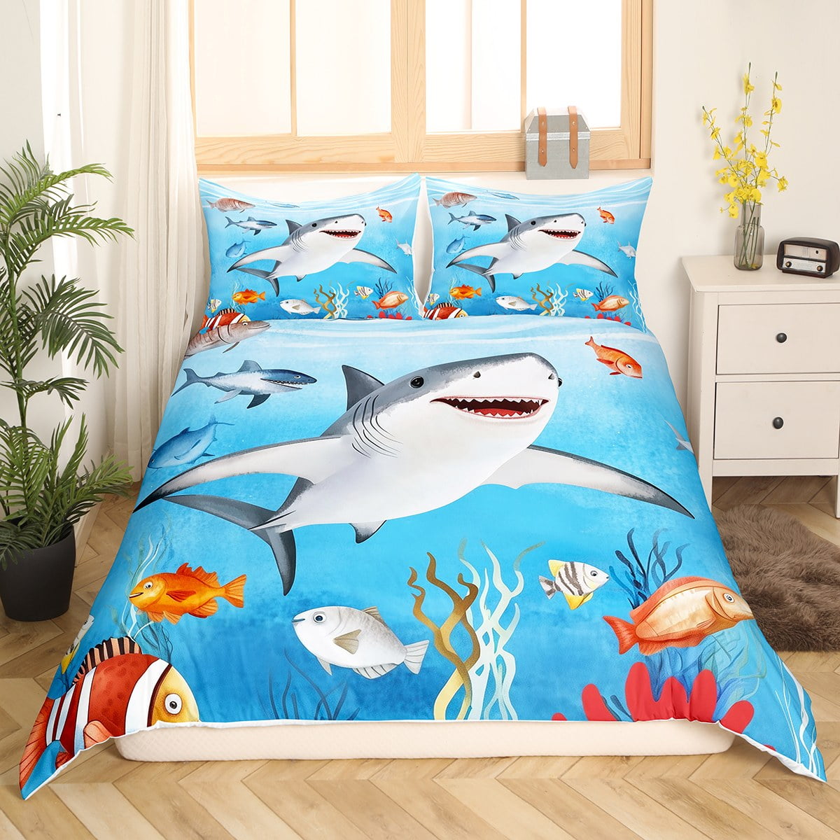 Erosebridal Cartoon Shark Duvet Cover Twin Size Fish Bedding Set Sea ...