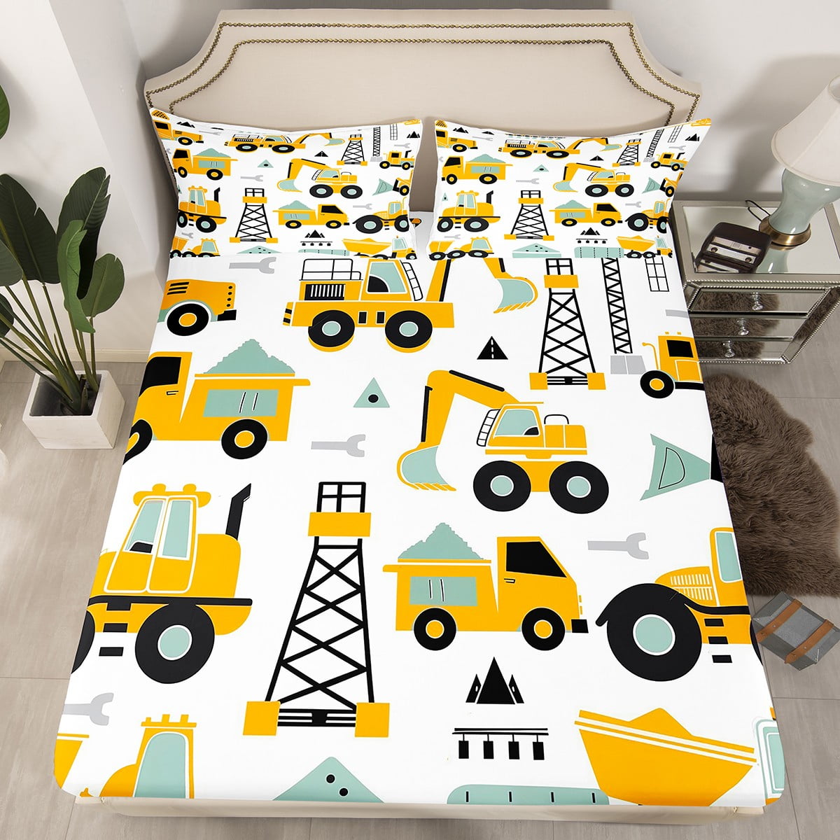 Erosebridal Cartoon Trackor Car Fitted Sheet Set Queen, 3D Truck Fitted ...
