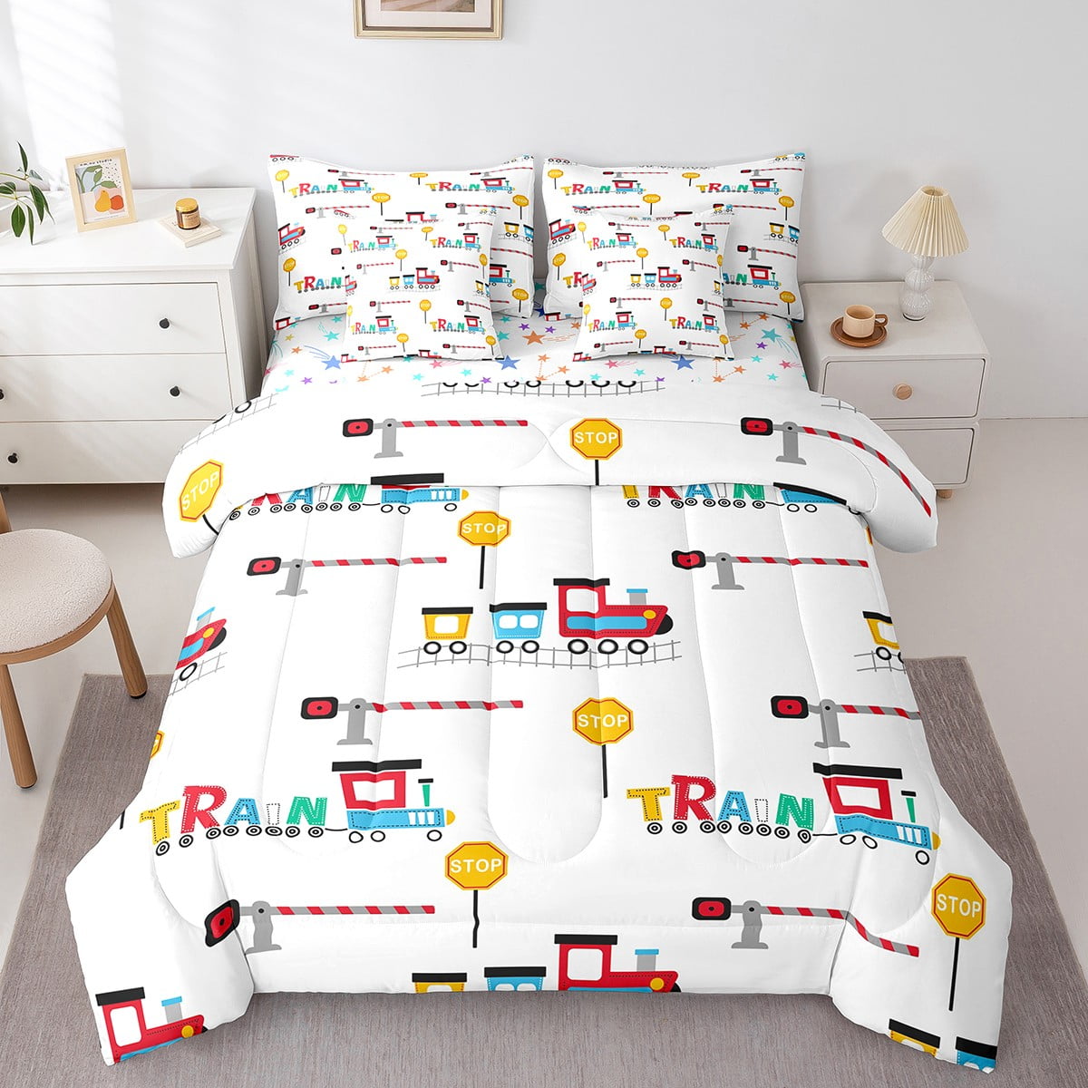 Erosebridal Cartoon Train Bedding Sets Twin Size, Transportation Sign ...
