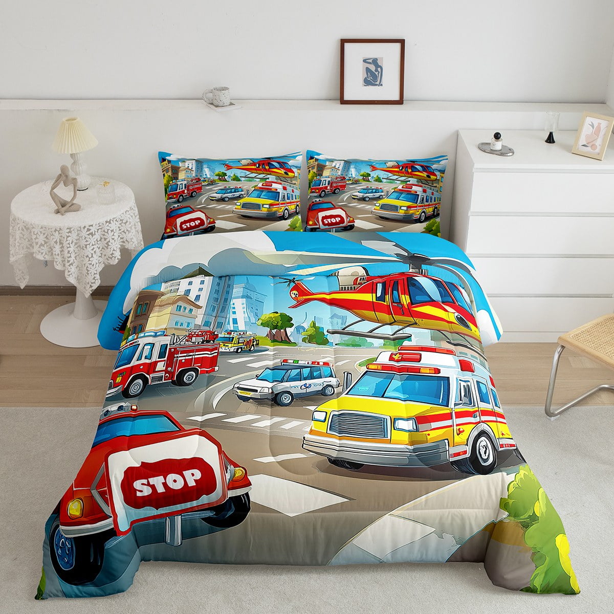 Erosebridal Cartoon Truck Bedding Full Comforter Set, Police Car Down ...