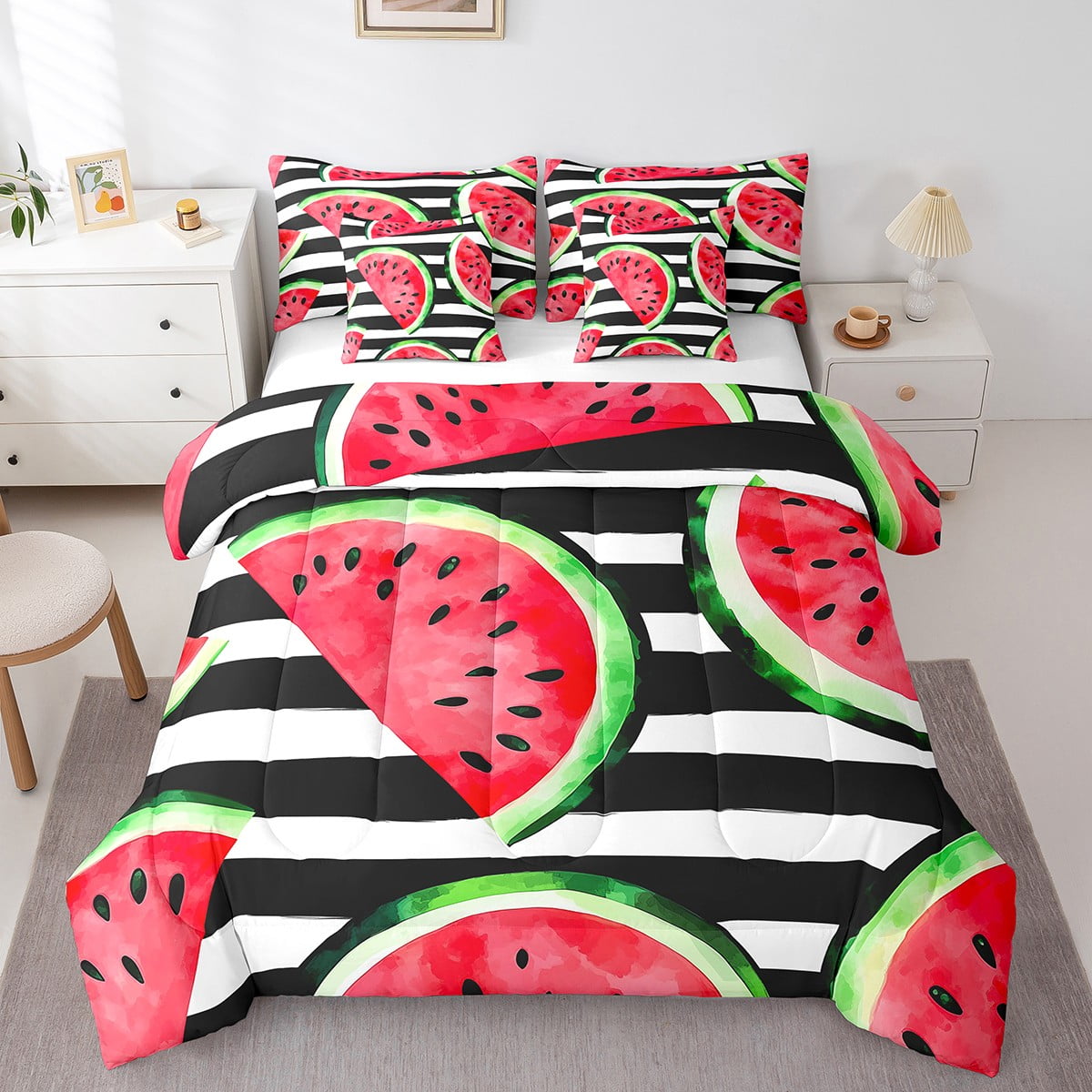 Erosebridal Cartoon Watermelon Bedding Queen Size,Geometric Stripes Comforter Sets with Sheets ...