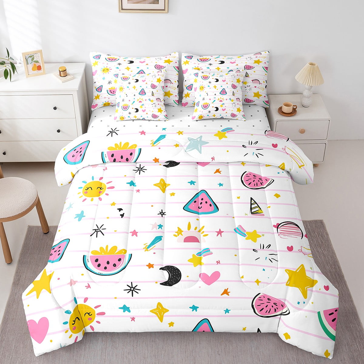 Erosebridal Cartoon Watermelon Bedding Sets King Size,Star Moon Sun Bed ...