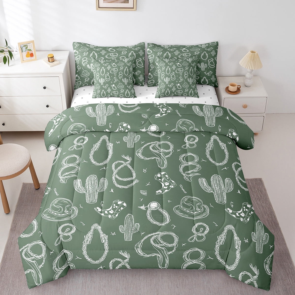 Erosebridal Cartoon Western Bedding Queen Size, Green Cactus Bed Set ...