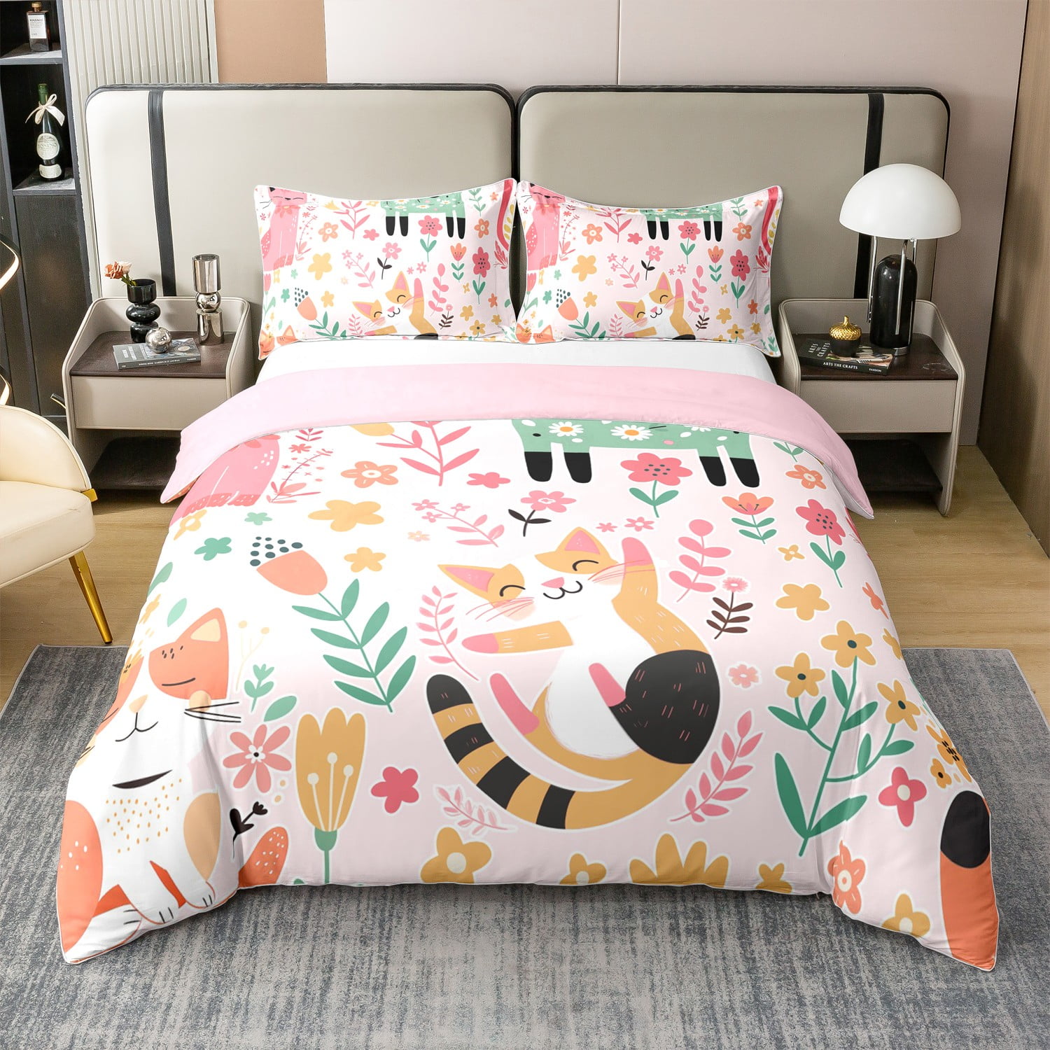 Erosebridal Cat Bedding Full Size Cat Flower Bedding Set Cats Leaf ...