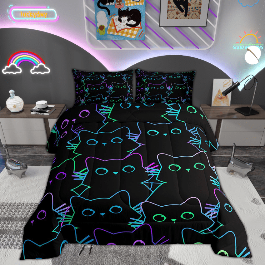 Erosebridal Cat Bedding Neon Black Cute Cat Twin Bed Comforter Set ...