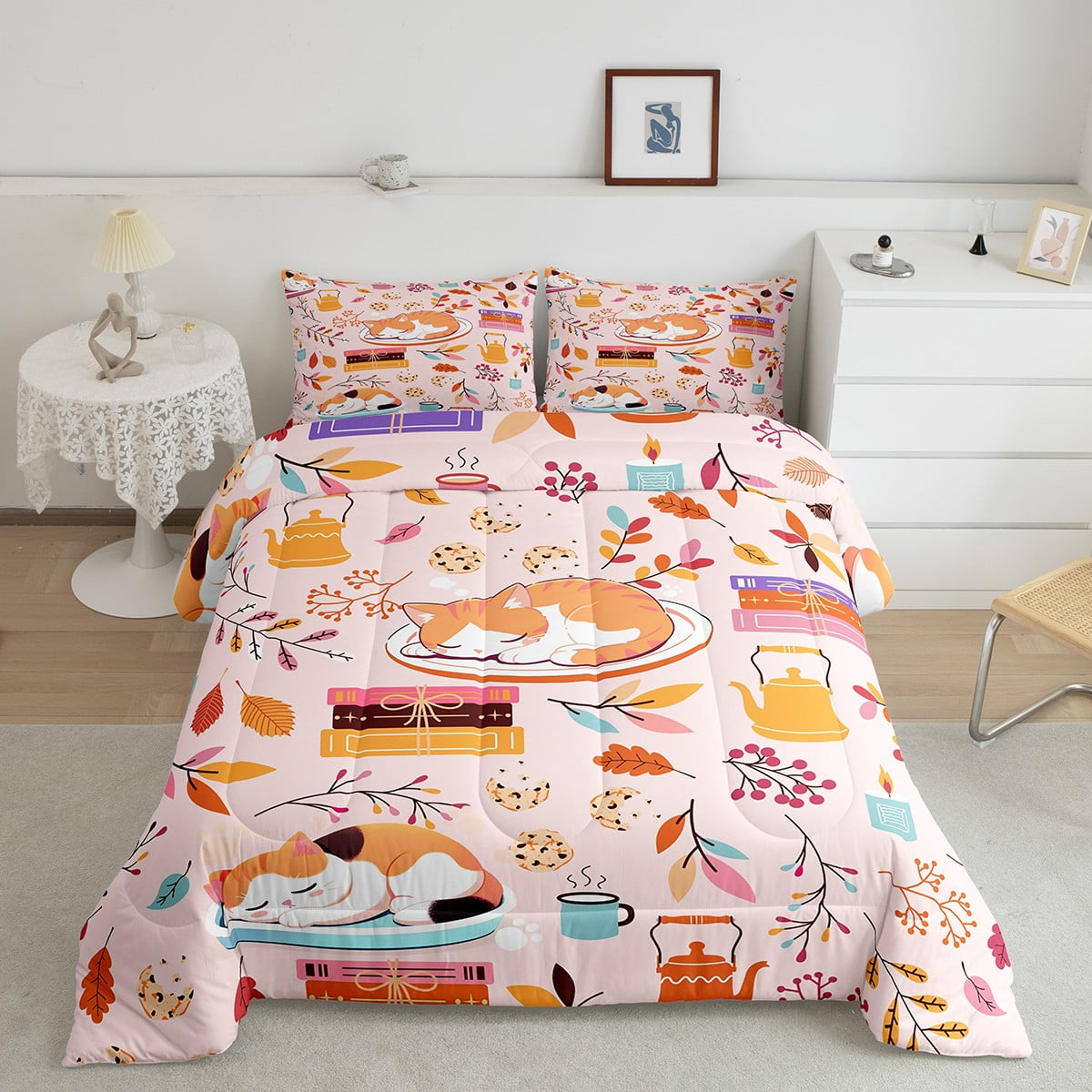 Erosebridal Cat Bedding Set Cats Print Comforter Set Cute Kitten Leaf ...