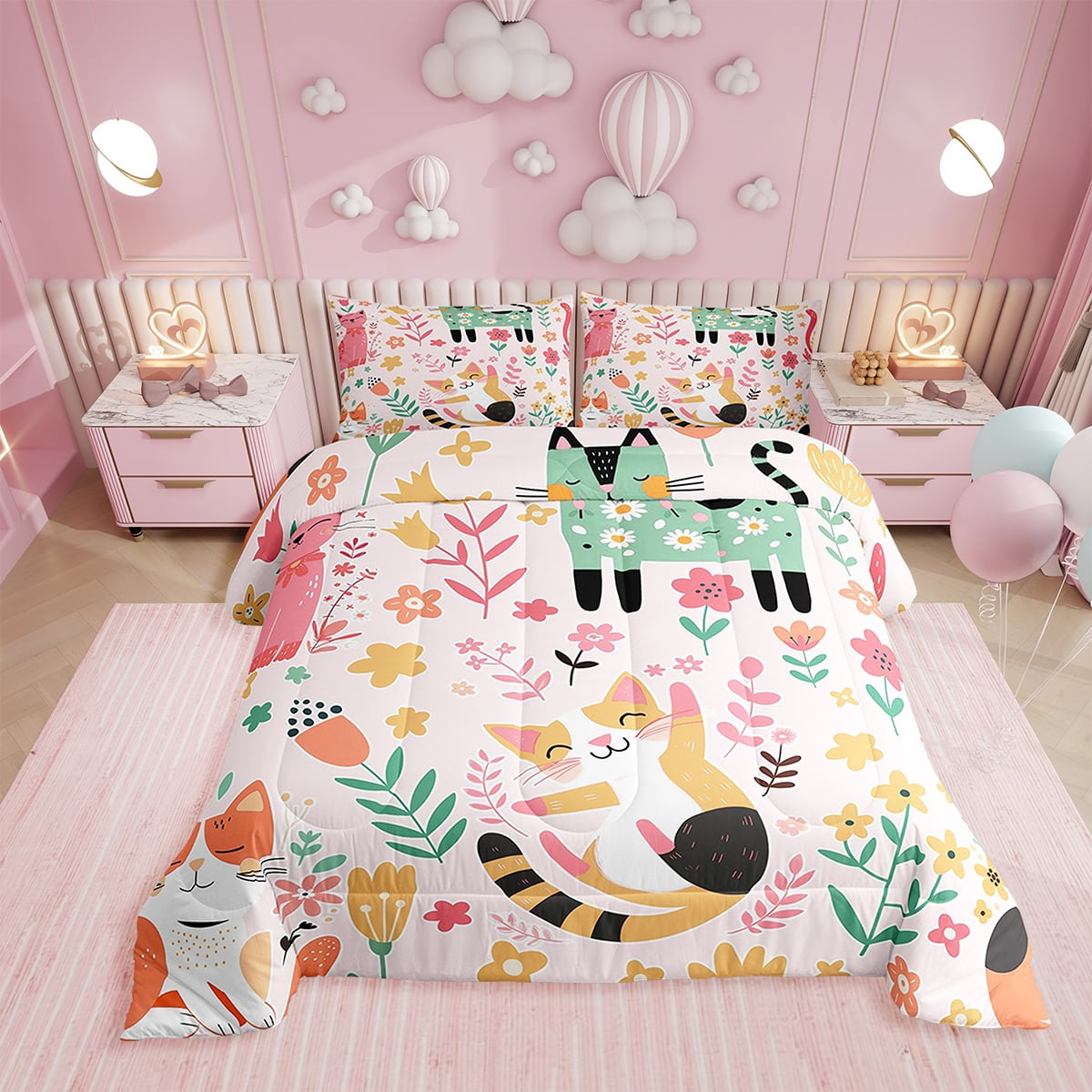 Erosebridal Cat Bedding Set Full Size Cat Flower Comforter Set Cats ...