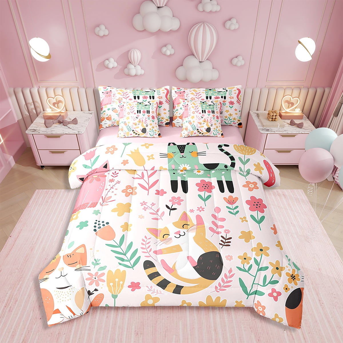 Erosebridal Cat Bedding Set Queen Size Cat Flower Comforter Set With ...