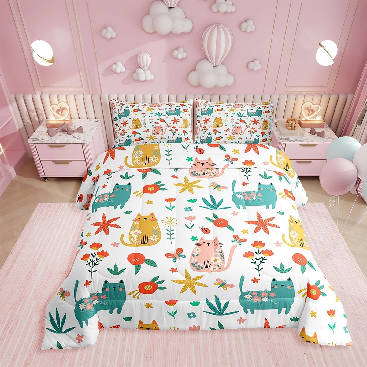 Erosebridal Cat Bedding Set Twin Size Cats Print Comforter Set Cute ...
