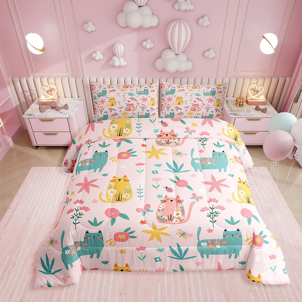 Erosebridal Cat Bedding Set Twin Size Cats Print Comforter Set Cute ...