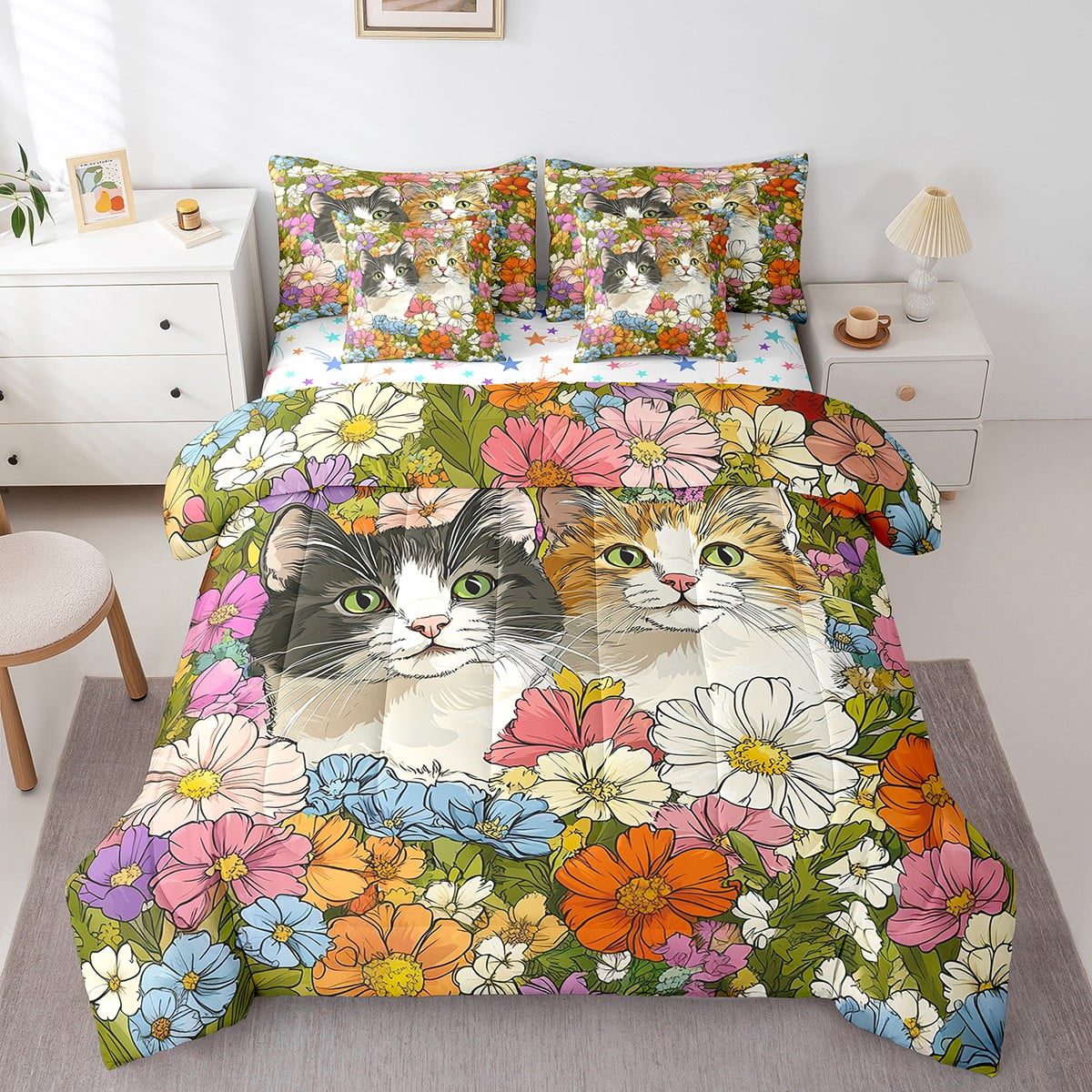 Erosebridal Cat Comforter Set With Sheets7 piece Full Size Flower Bed ...