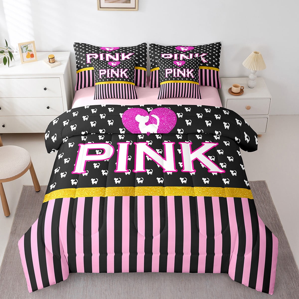 Erosebridal Cat Lovers Bedding Queen Size, Pink Black Stripe Comforter ...
