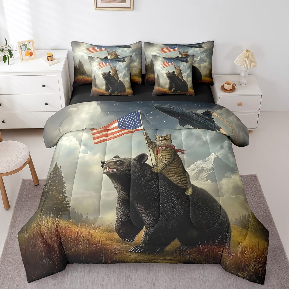 Erosebridal Cat Riding Bear Bedding Queen Size, American Flag Comforter ...