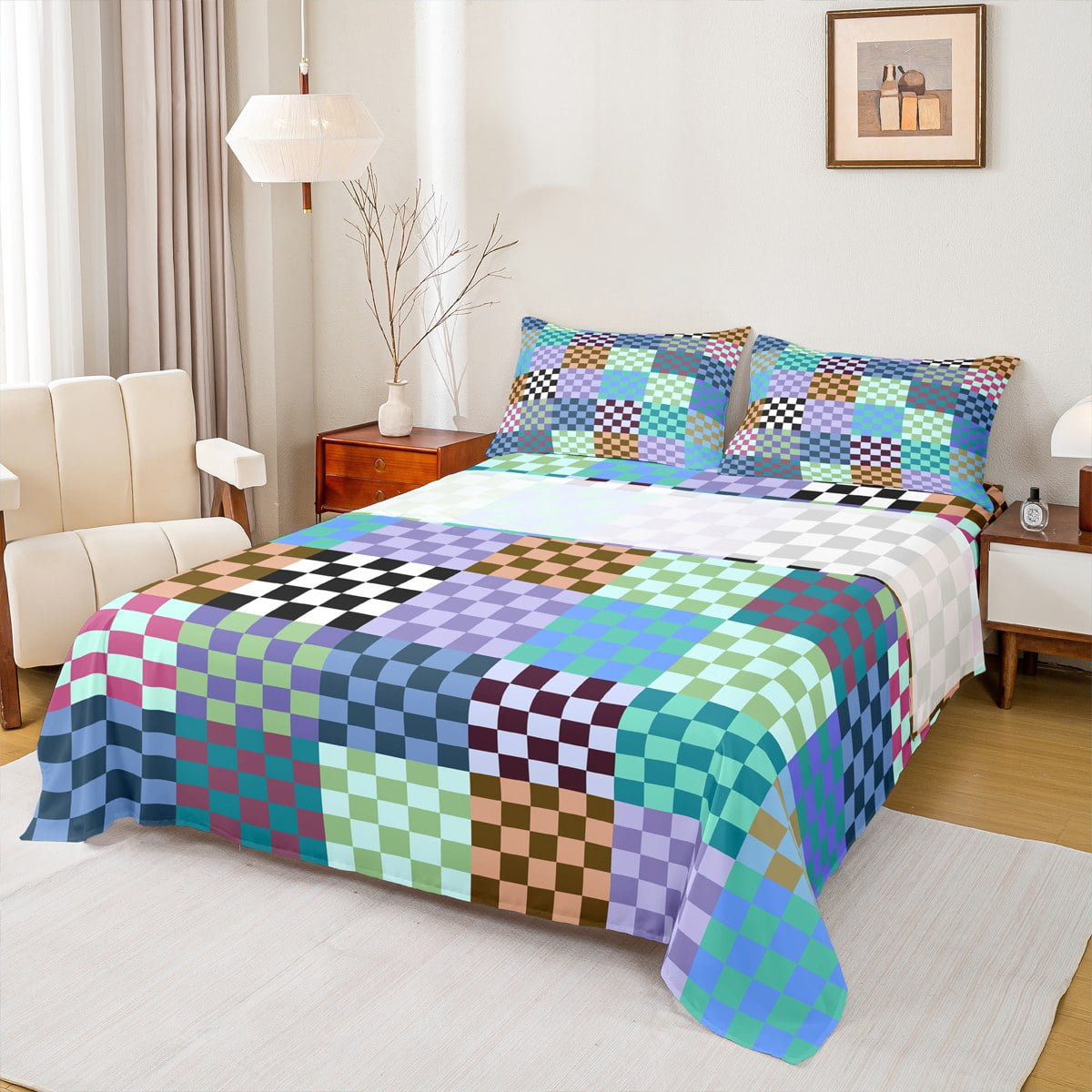 Erosebridal Checkered Bed Sheets Full for Teens, Cartoon Plaid Bedding ...