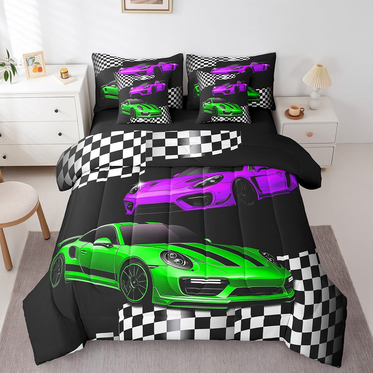 Erosebridal Checkered Flag Bedding Twin Size, Racing Car Bed Set ...