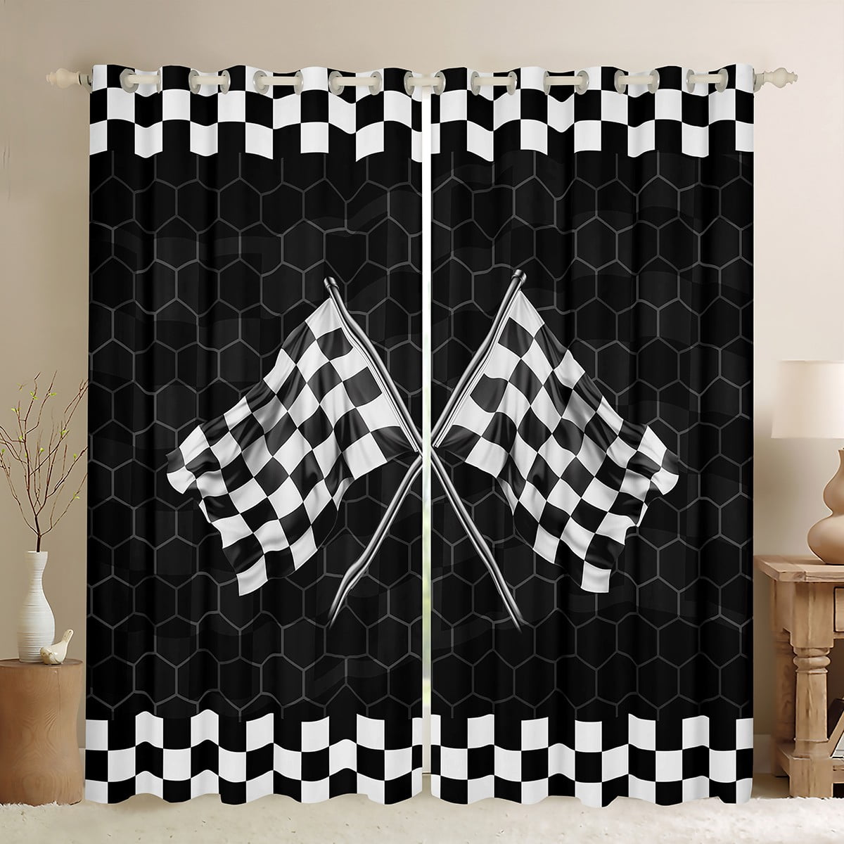 Erosebridal Checkered Flag Curtains and Drapes (42x84), Honeycomb Geometry 30%-50% Blackout ...