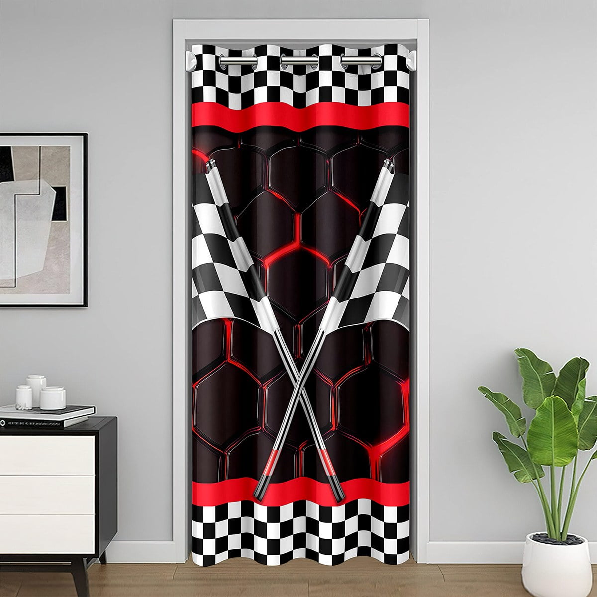 Erosebridal Checkered Flag Door Curtain Panel 52x84, Red Geometry Room ...