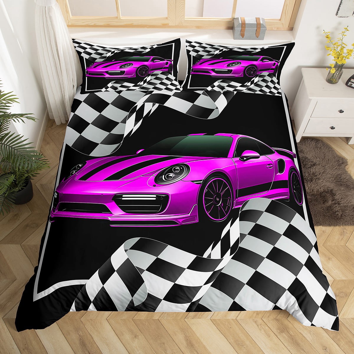 Erosebridal Checkered Flag Duvet Cover Full, Racing Car Bedding Sets ...