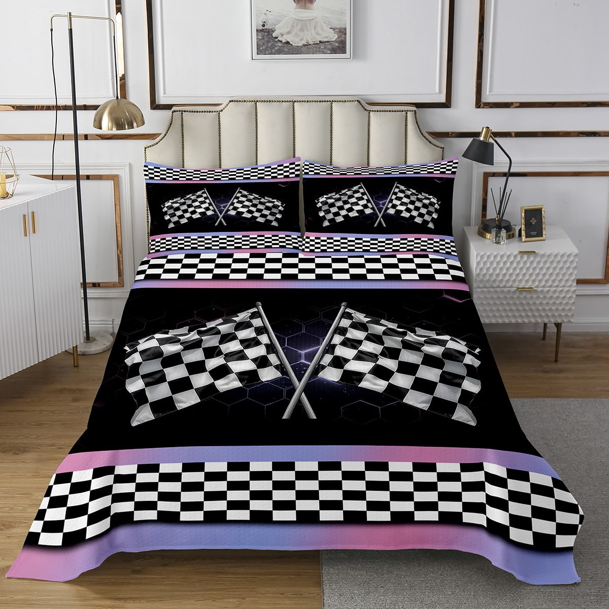 Erosebridal Checkered Flag Quilt Sets for Queen Size Bed, Racing Car ...